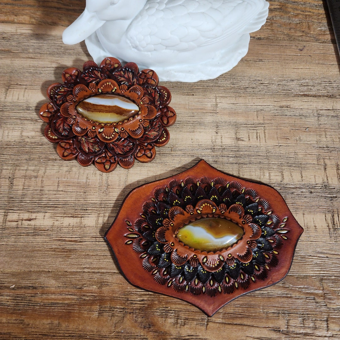 Leather Concho With Gemstones, Western Tooled Leather Concho With ...