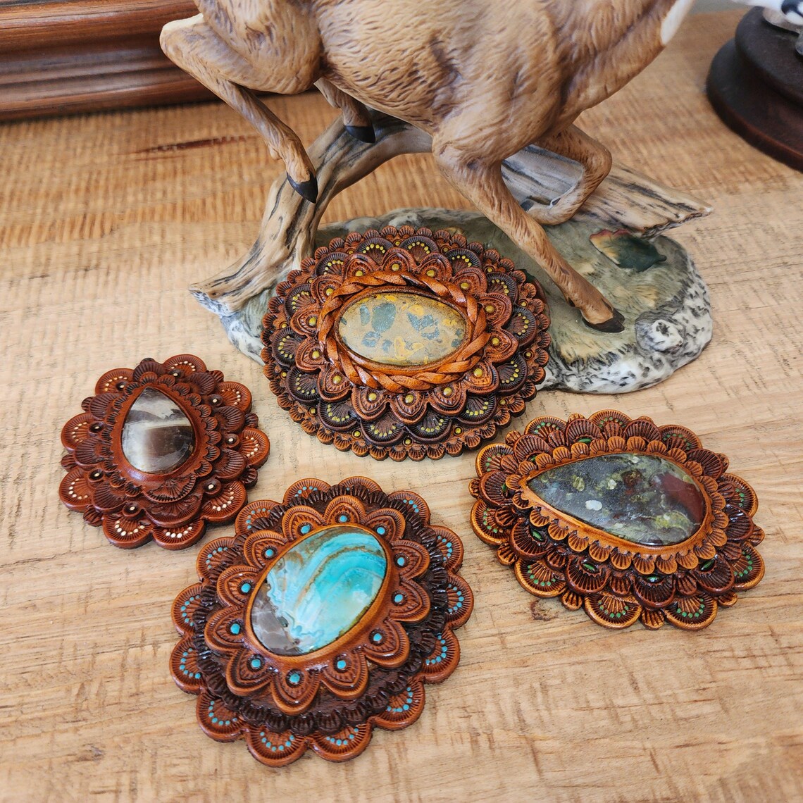 Handmade Tooled Leather Western Conchos With Stones - Etsy