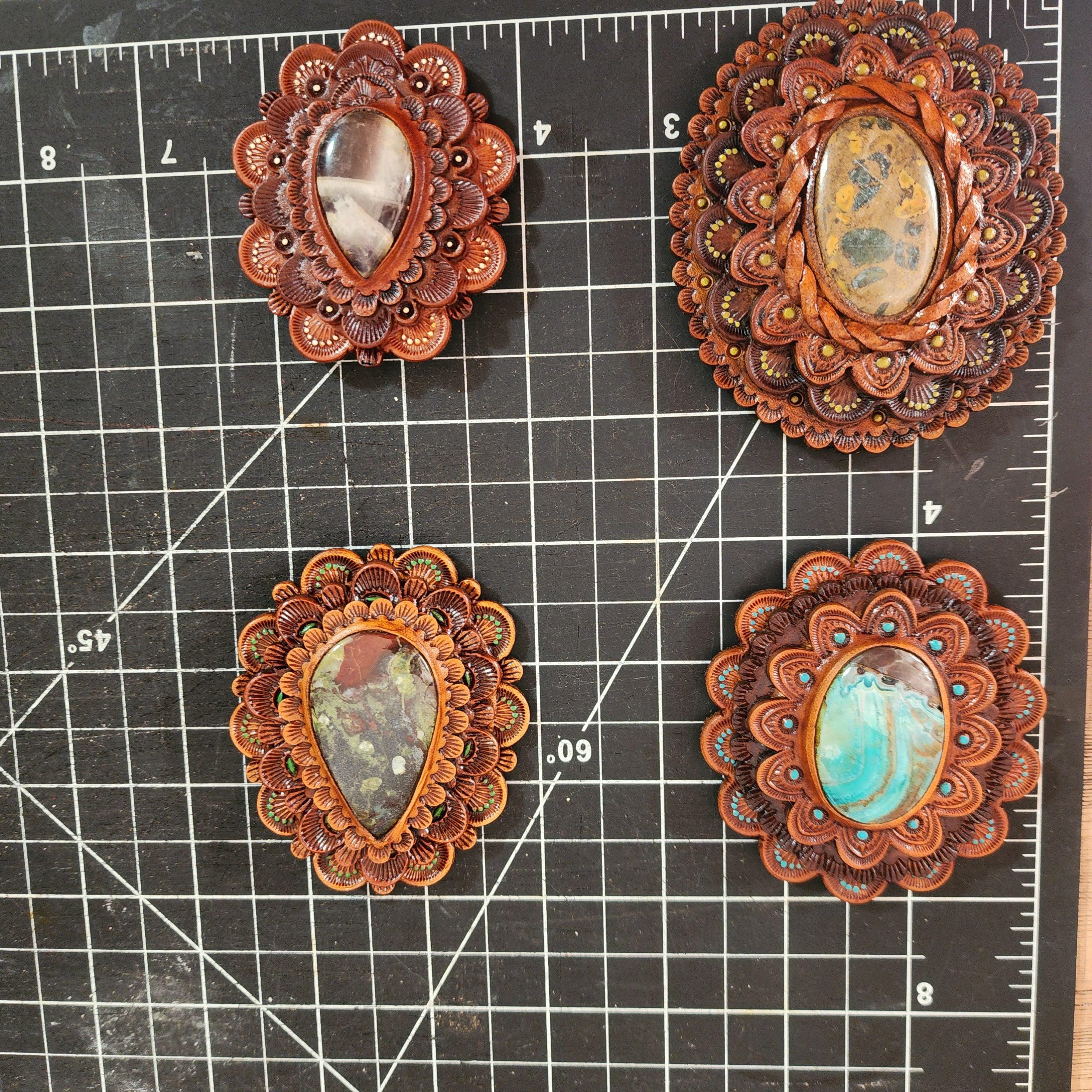 Handmade Tooled Leather Western Conchos With Stones - Etsy