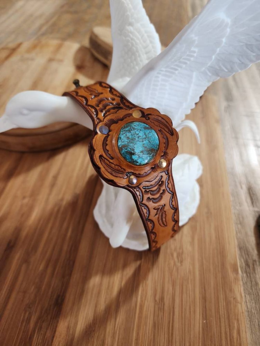 Turquoise Concho Cuff/western Turquoise Cuff/leather Cuff/tooled ...