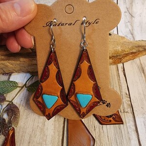 Southwest Turquoise Inlay Leather Earrings/ Leather Earrings/hand ...