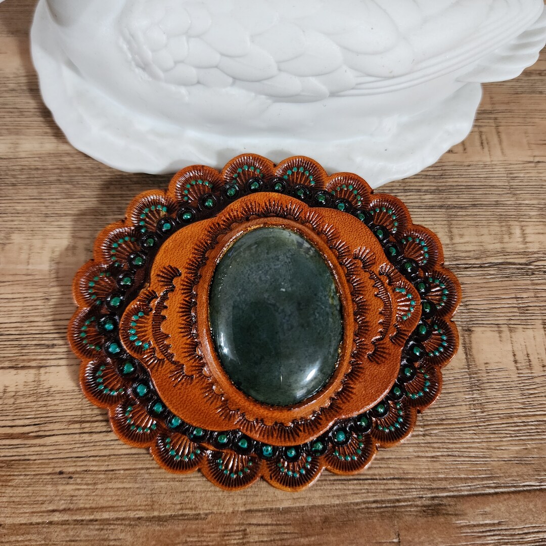 Handmade Tooled Leather Concho With Blue Clestite or Chrysocolla Inlay ...