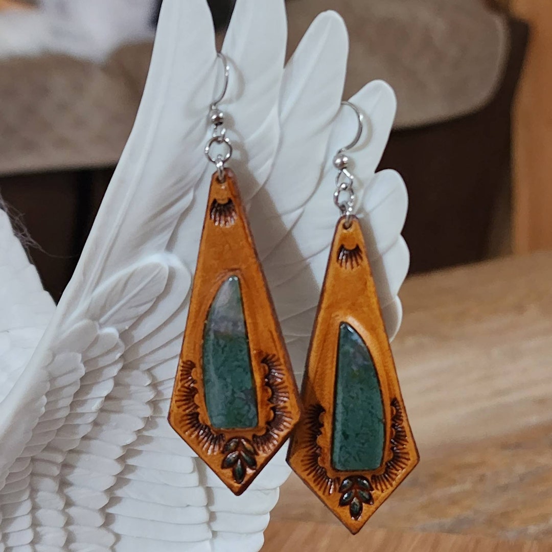 Handmade Tooled Leather Earrings With Gemstones, Western Leather ...