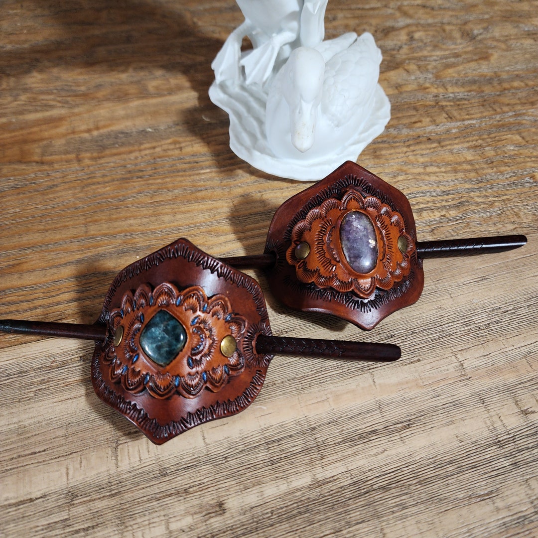 Tooled Leather Hair Slides With Inlay Gemstones, Leather Barrettes - Etsy