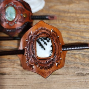Western Tooled Leather Hair Slides (barrettes) With Gemstone Inlay ...