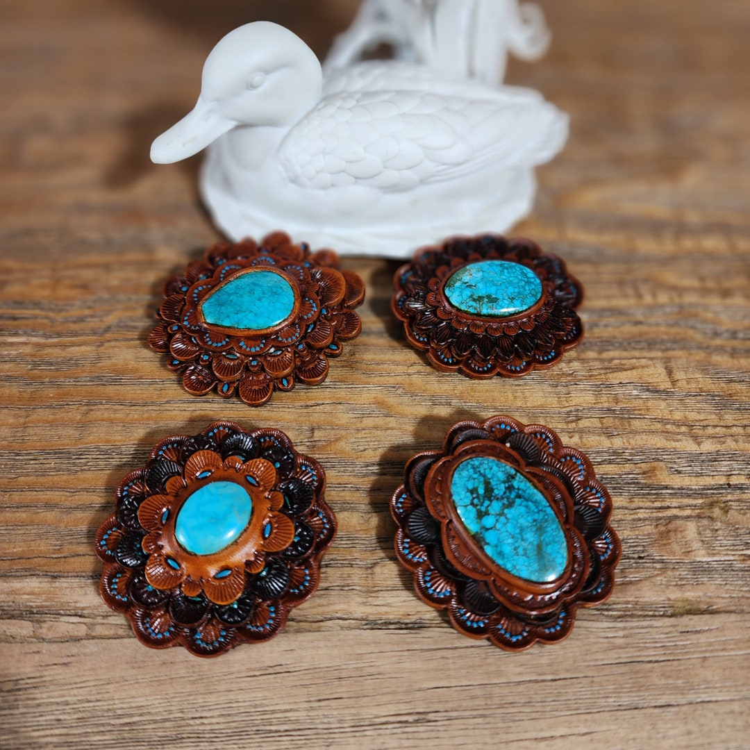 Tooled Leather Concho With Turquoise Gemstone Inlay, Bag Accessories ...