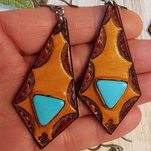 Southwest Turquoise Inlay Leather Earrings/ Leather Earrings/hand ...