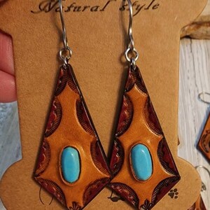 Southwest Turquoise Inlay Leather Earrings/ Leather Earrings/hand ...
