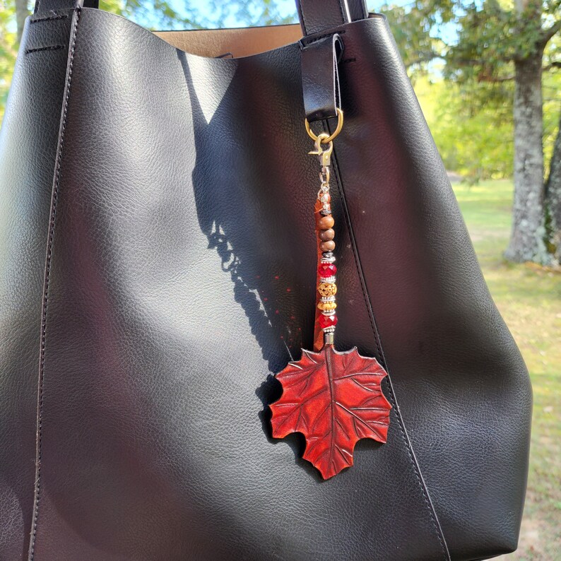 Maple Leaf Tassel/ Tooled Leather Leaf Tassel With Gemstones, Country ...