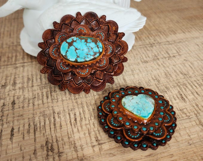 Tooled Leather Heart Shape Concho With Gemstone - Etsy