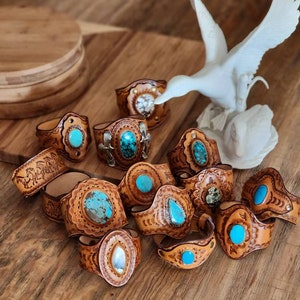 Rossett With Turquoise Inlay Leather Cuff/tooled Leather Cuff/turquoise ...
