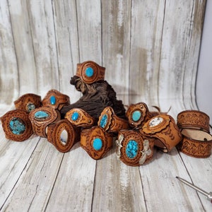 Rossett With Turquoise Inlay Leather Cuff/tooled Leather Cuff/turquoise ...