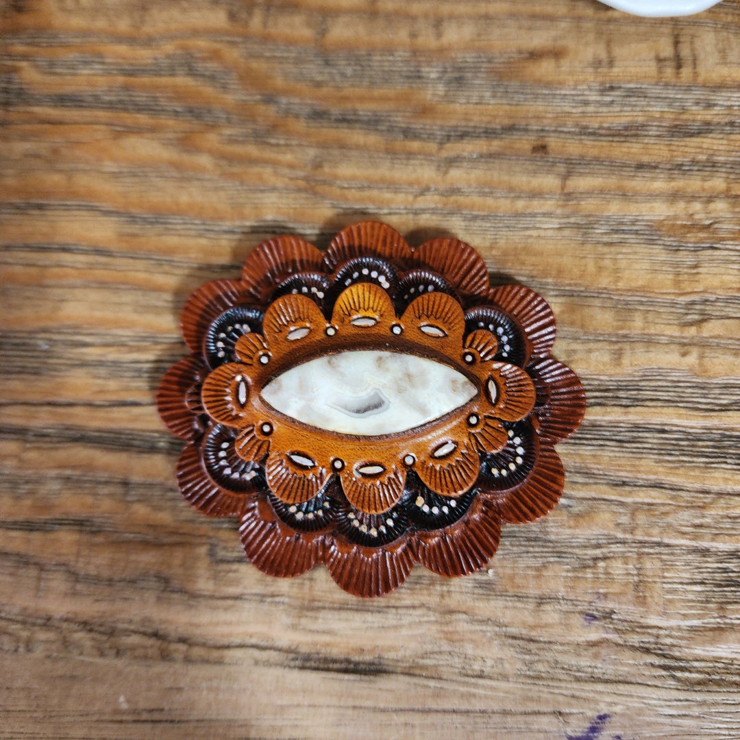 Concho Handmade Tooled Leather Concho With Gemstone for Hats, Bags ...