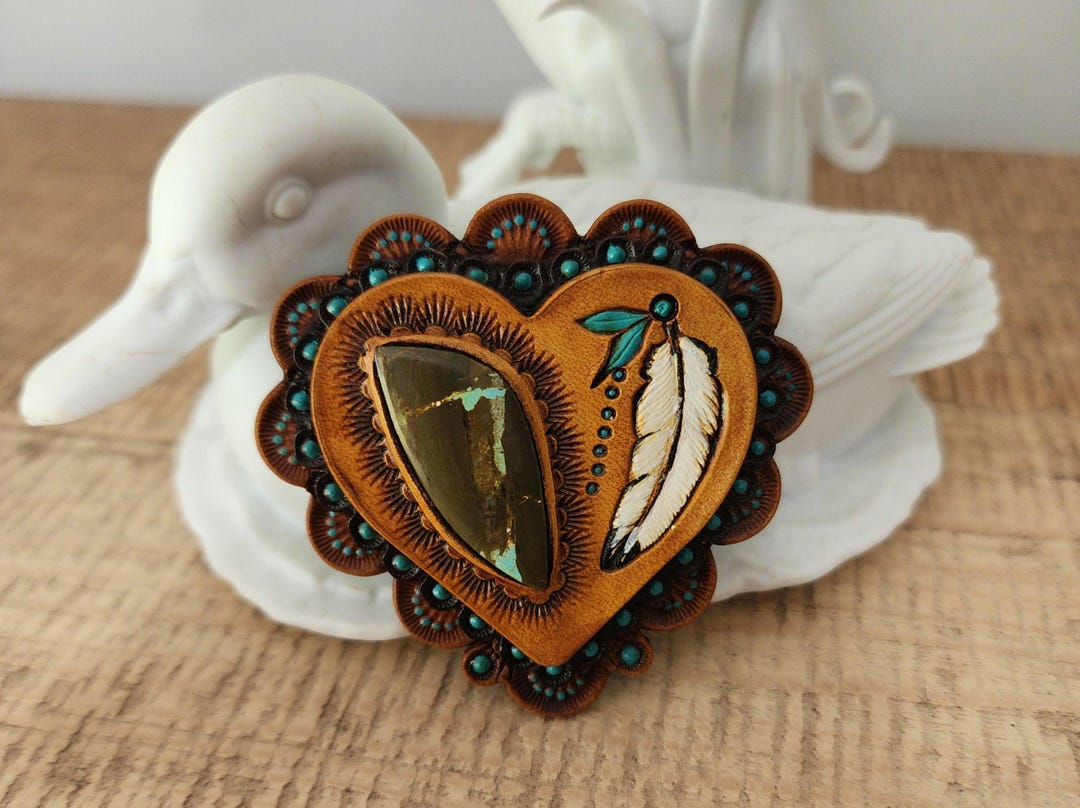 Leather Heart Conchos, Tooled Leather Concho With Gemstones - Etsy
