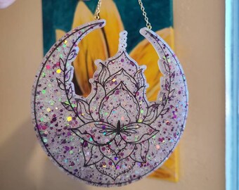 Triple Moon Wall Hanging With Pentagram White Lotus Flower and Om, Moon ...