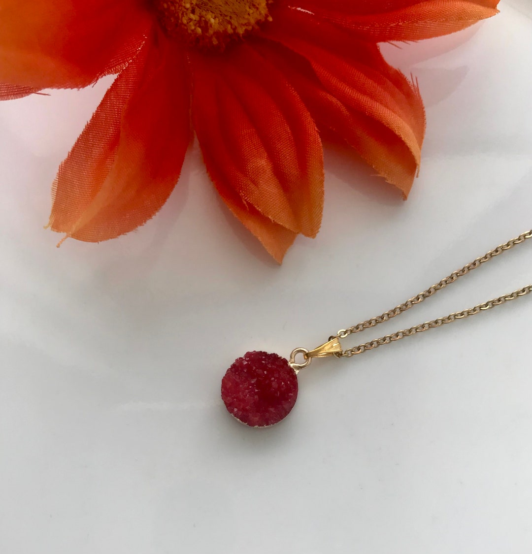 Ruby Red Druzy Quartz Necklace - Gold Filled Chain - Etsy