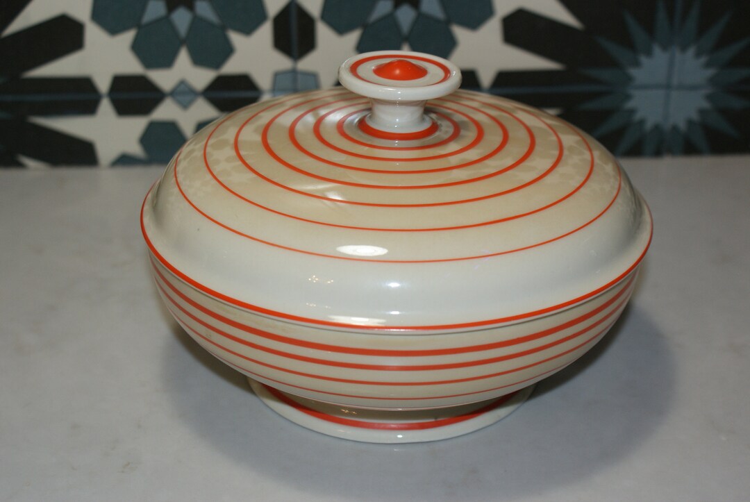 Vintage Lusterware Covered Dish Orange Sherbet in Color Colored Stripes ...