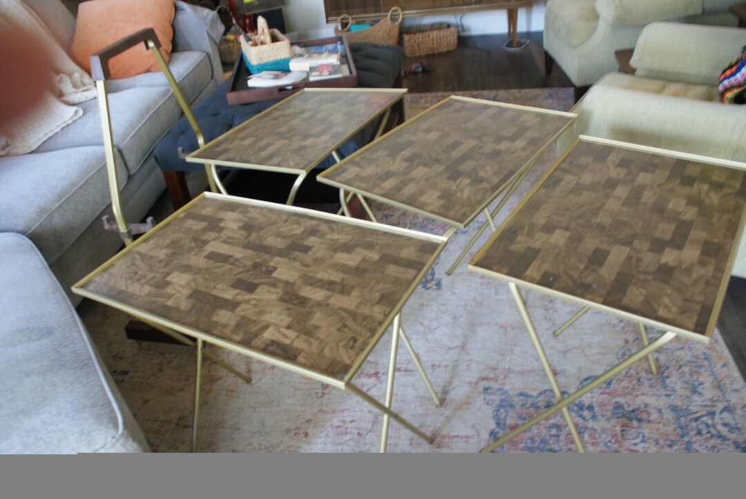 Vintage TV Tables Set W/ Retro FAUX WOOD Print, Mid-century Style, 4 ...