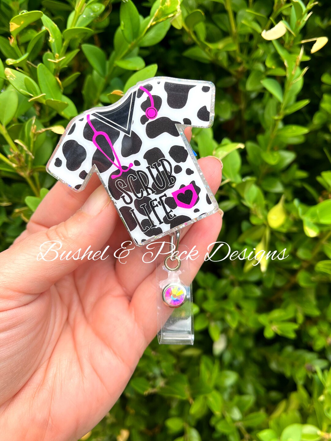 Scrub Top Glitter Badge Reel, Cow Badge Reel, Nurse Badge Reel, Custom ...