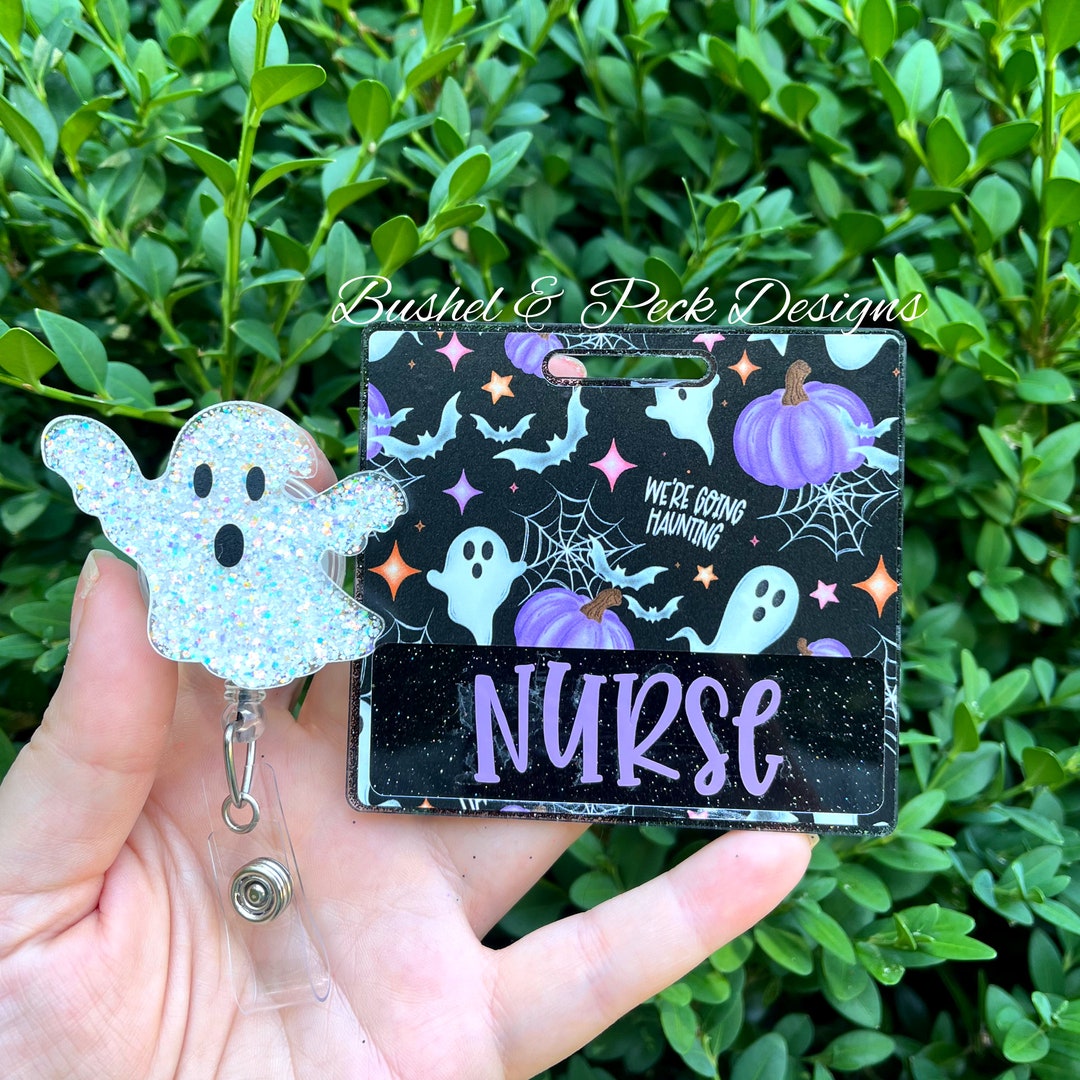 Halloween Badge Buddy/ Ghost Badge Buddy/ghost Badge Reel/black Glitter ...