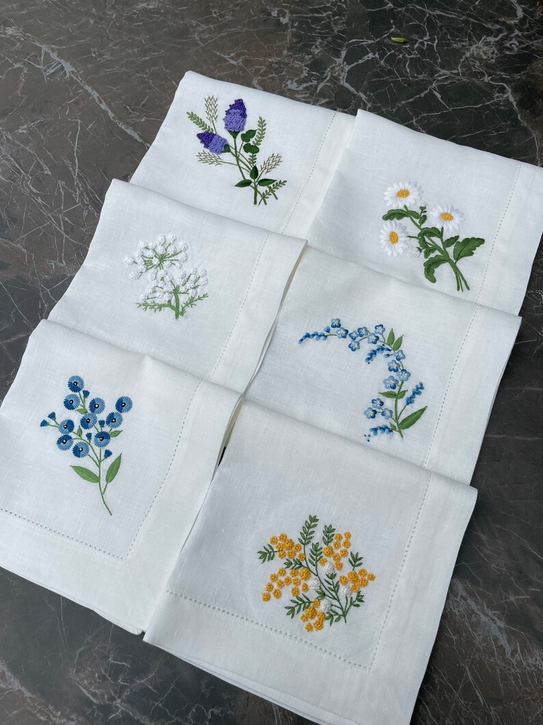 Hand Embroidered Linen Floral Dinner Napkins Set of 6, Flower Cloth ...