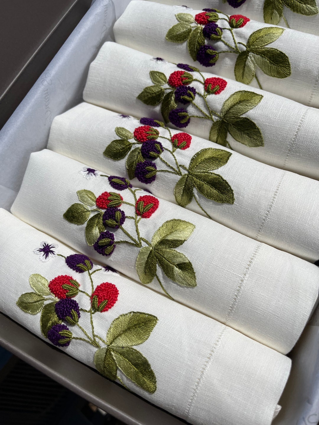Hand Embroidered Raspberries and Blackberries, Linen Dinner Napkins ...