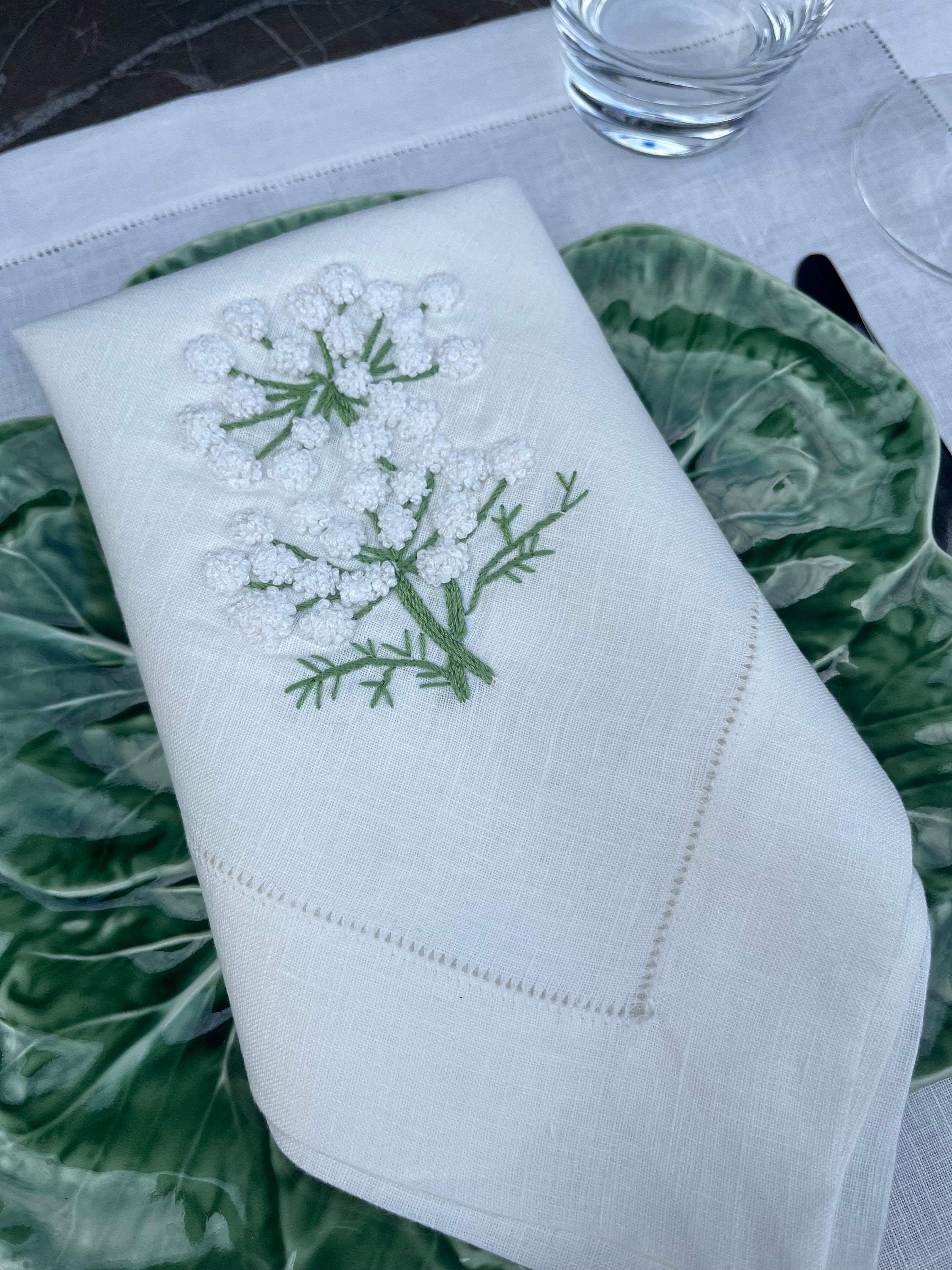 Hand Embroidered Wild Beaked Parsley Dinner Napkins, Set of 6/12, Linen ...