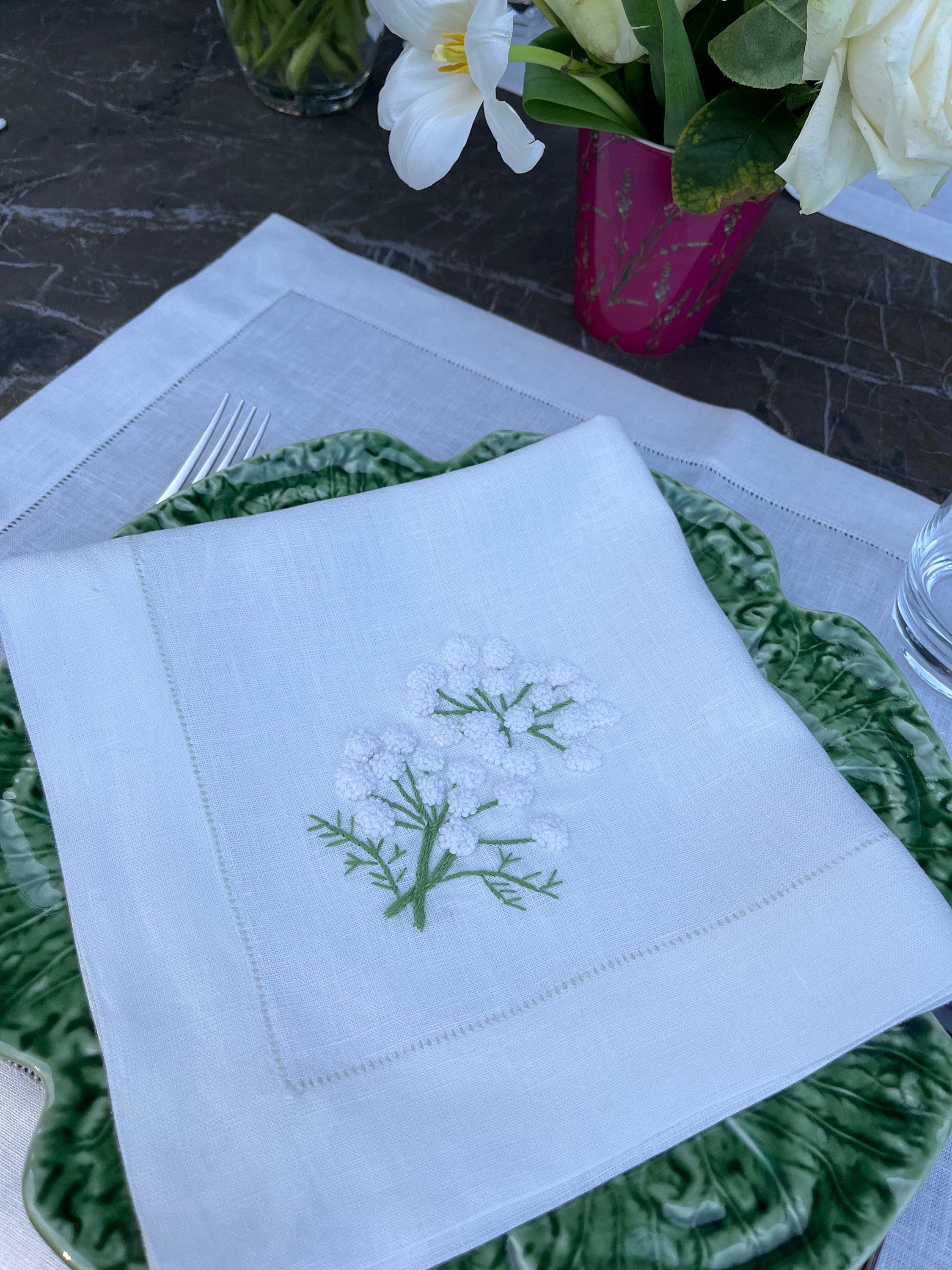 Hand Embroidered Wild Beaked Parsley Dinner Napkins, Set of 6/12, Linen ...
