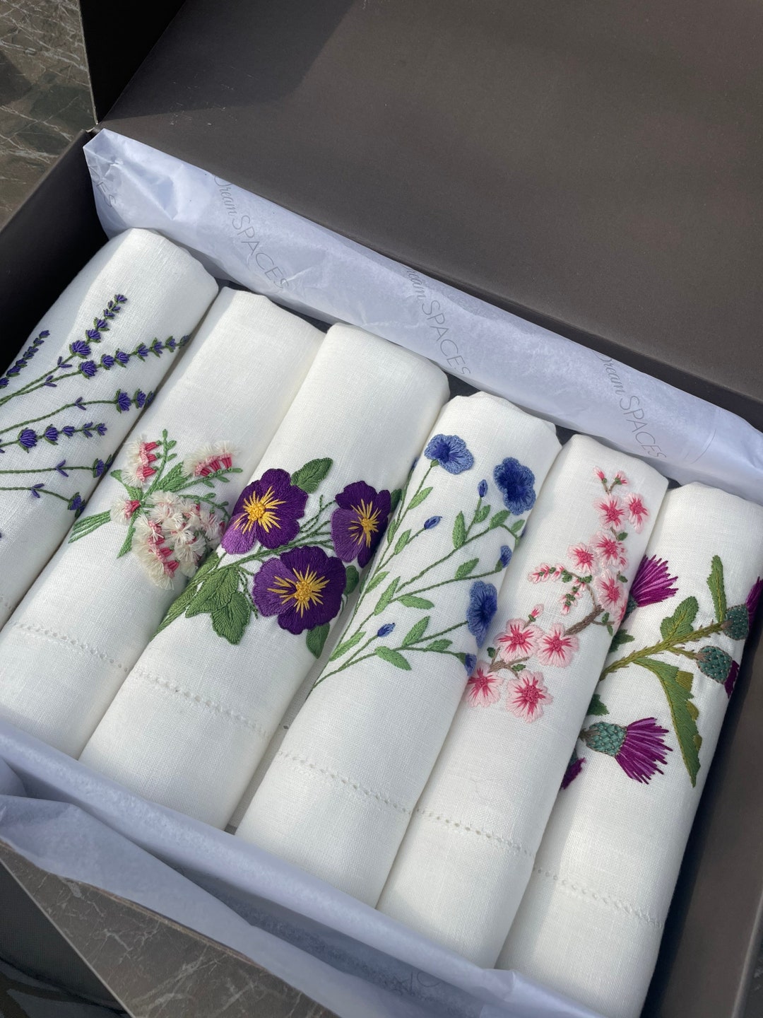 Hand Embroidered Linen Cloth Napkins Set of 6, Floral Embroidered ...
