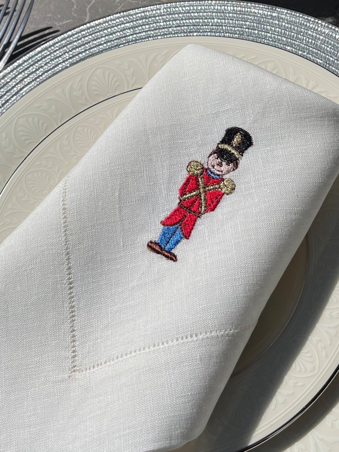 Nutcracker Embroidered Linen Dinner Napkin, Christmas Embroidered Linen ...
