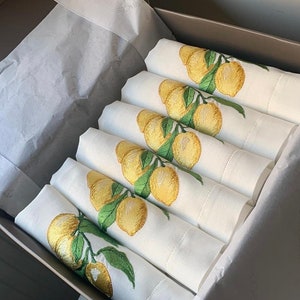 Lemon Embroidered Linen Dinner Napkins, Set of 6, - Etsy
