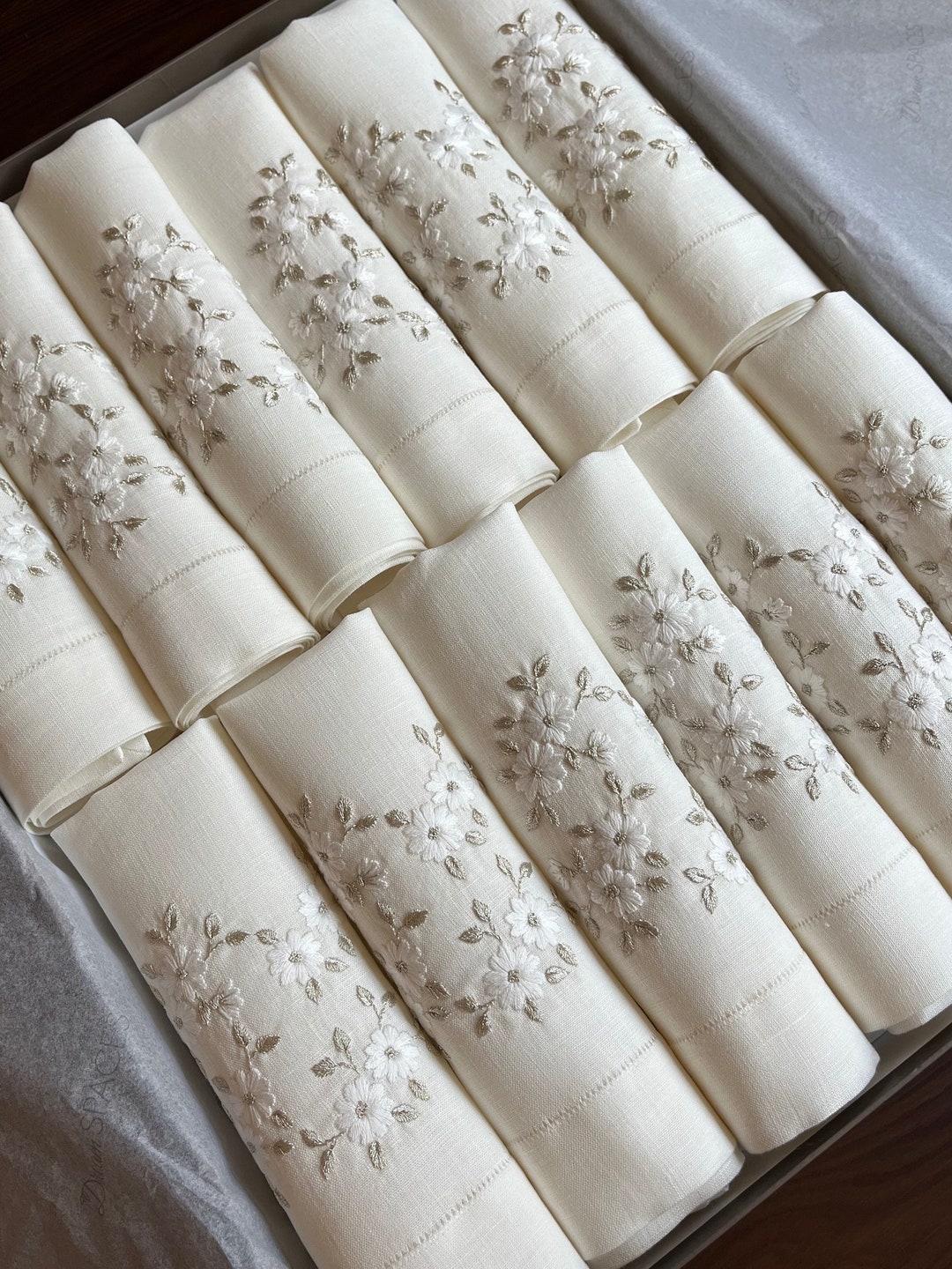 Hand Embroidered Napkins, Acacia Flowers in Metallic Colors, Set of 6 ...