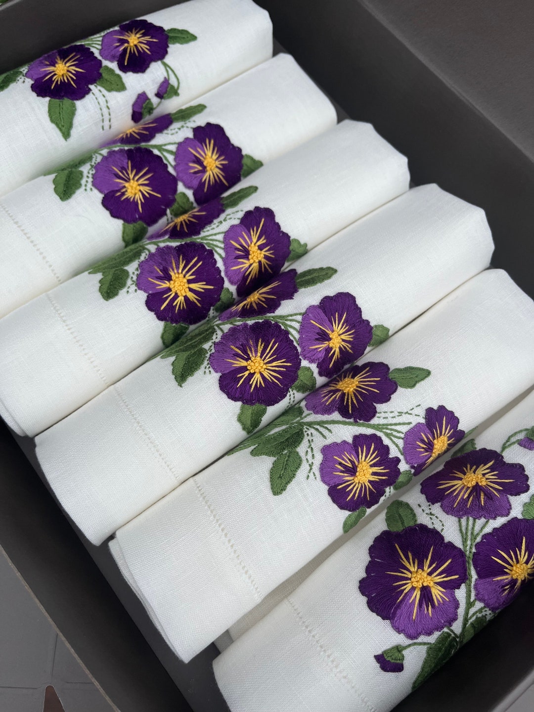 Set of 6 Hand Embroidered Violet Napkins, Table Decor Embroidered ...