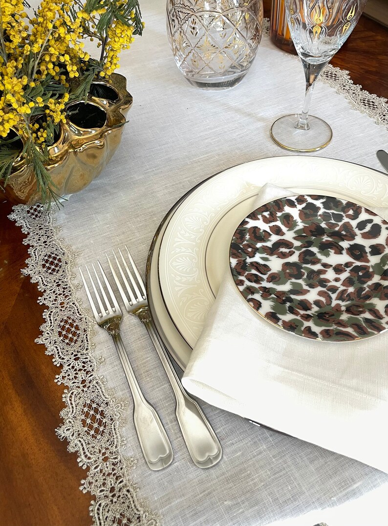 French Lace Linen Table Runner Modern Soft Linen Table - Etsy