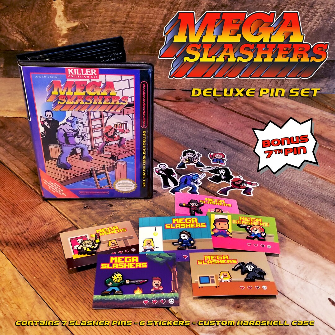 Deluxe Enamel Pin Set of 7 - MEGA-SLASHERS - 8-bit Pins & Stickers ...