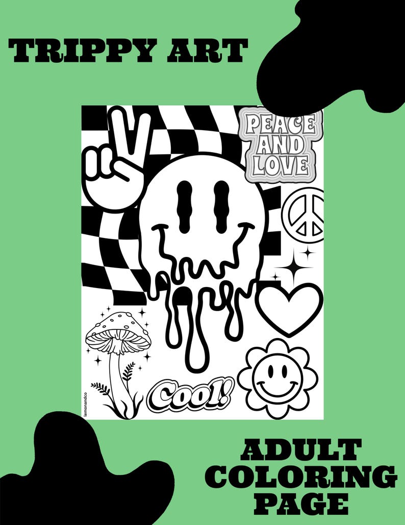 Drippy Peace Smiley Adult Coloring Page - Etsy