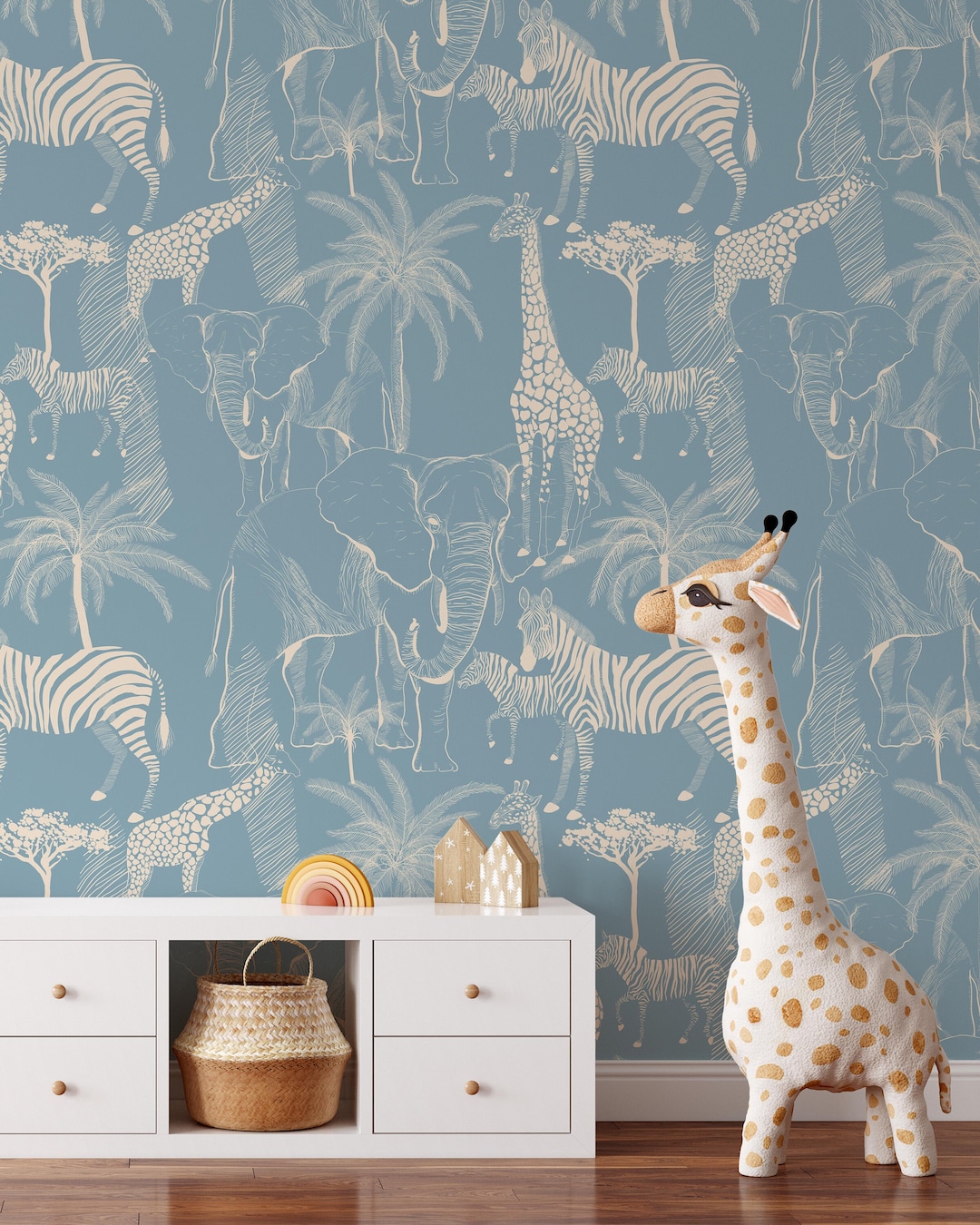 Blue Safari Animals Wallpaper | Removable Self Adhesive Jungle Animals ...