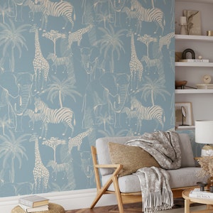 Blue Safari Animals Wallpaper | Removable Self Adhesive Jungle Animals ...