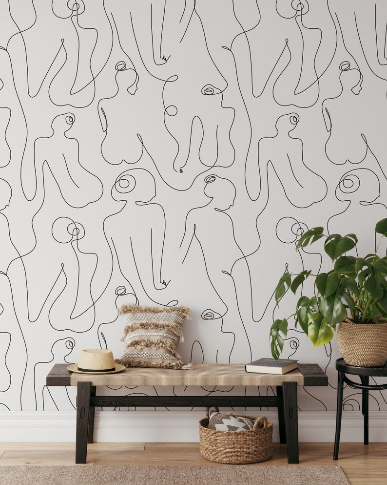 Female Body Line Art Wallpaper Removable Self Adhesive Black - Etsy