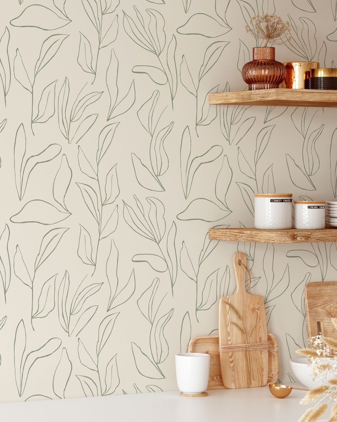 Green Leaves Floral Wallpaper Removable Self Adhesive Minimalistic ...