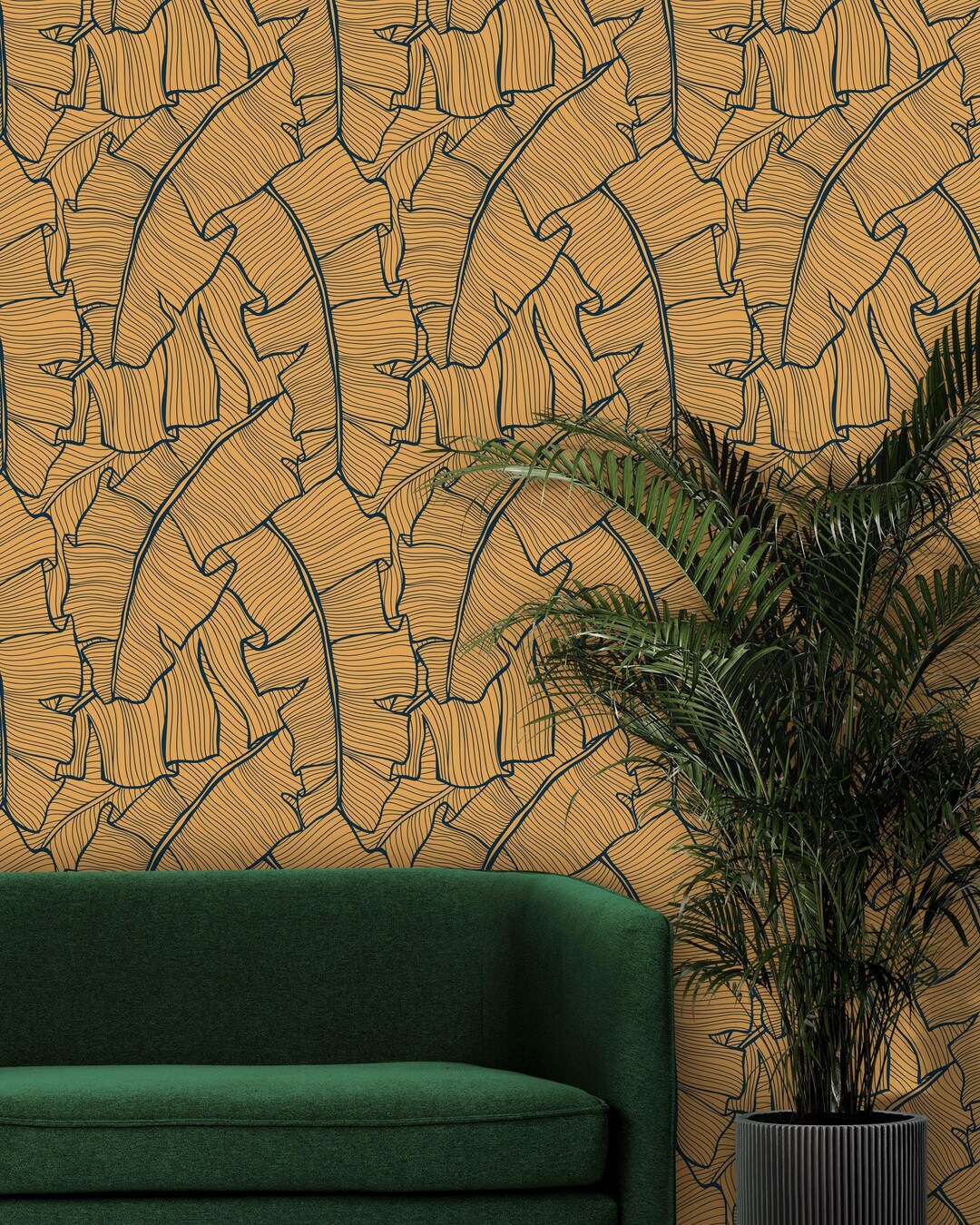 Orange Tropical Palm Leaf Wallpaper | Exotic Blue Leaves Print Wall ...