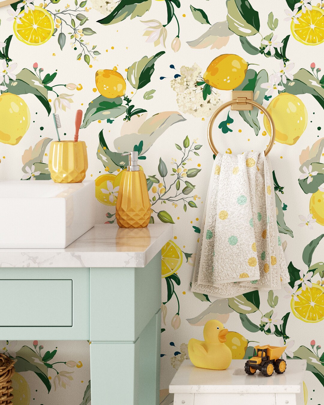 Lemon Branch Wallpaper | Removable Self Adhesive Watercolor Leaves ...