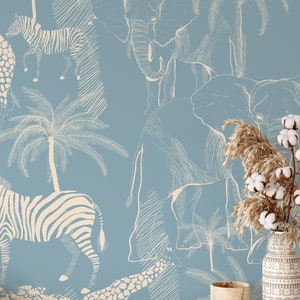 Blue Safari Animals Wallpaper | Removable Self Adhesive Jungle Animals ...