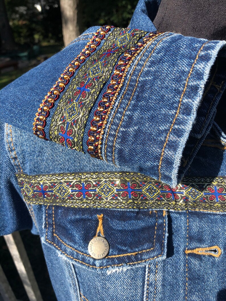 Upcycled Denim Jacket With Added Custom Fabric and Trim - Etsy