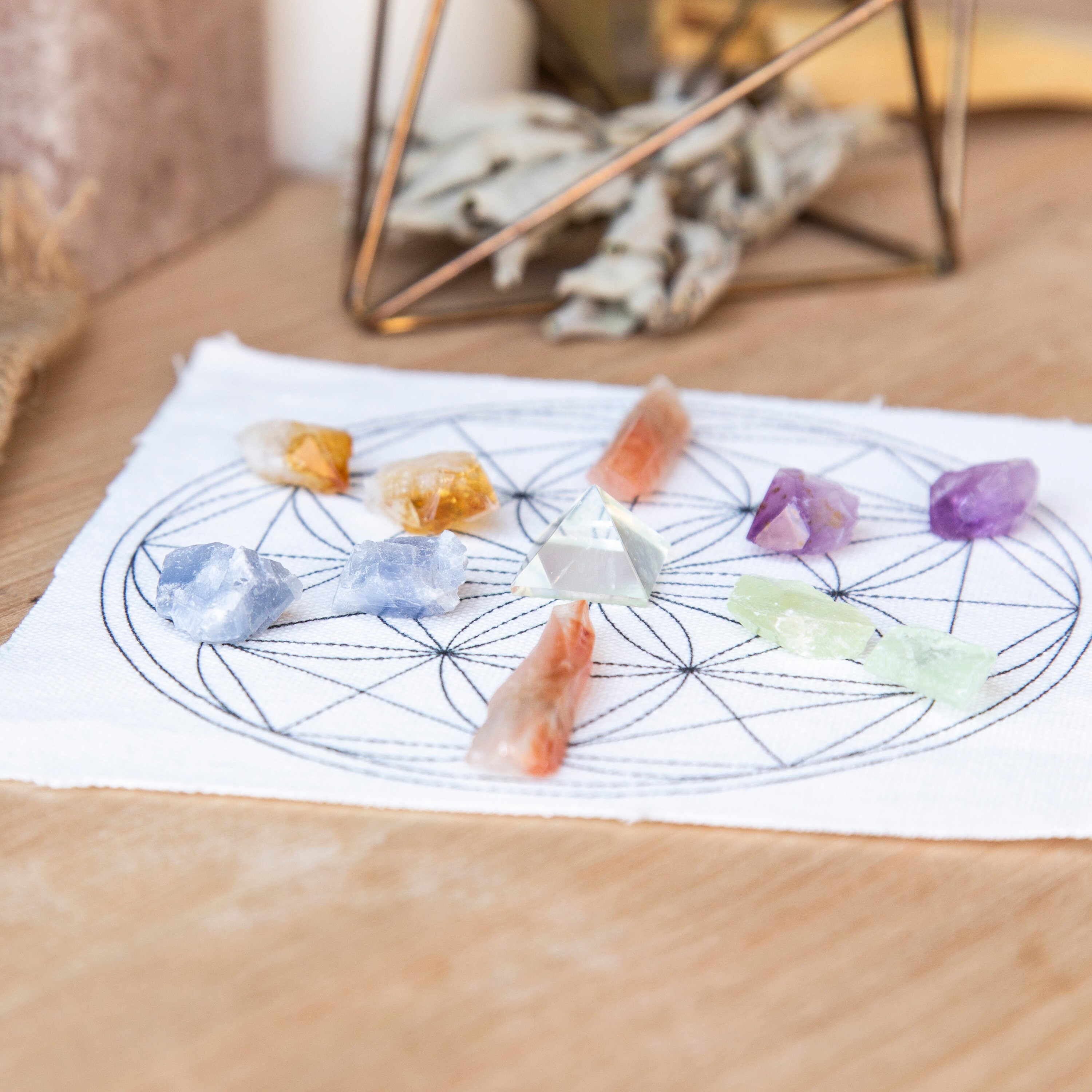 Meditation Healing Crystals Grid - Quartz, Amethyst, Green Calcite, Red ...