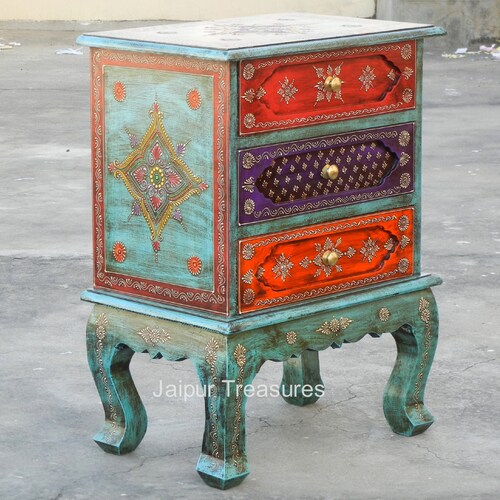 Wooden Indian Bedside Table With 3 Drawers Nightstand Side - Etsy