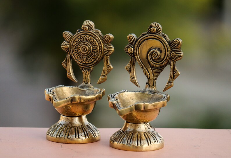 Brass Diya, Indian Deepak, Brass Oil Lamp, Indian Decor, Shankh Chakra ...