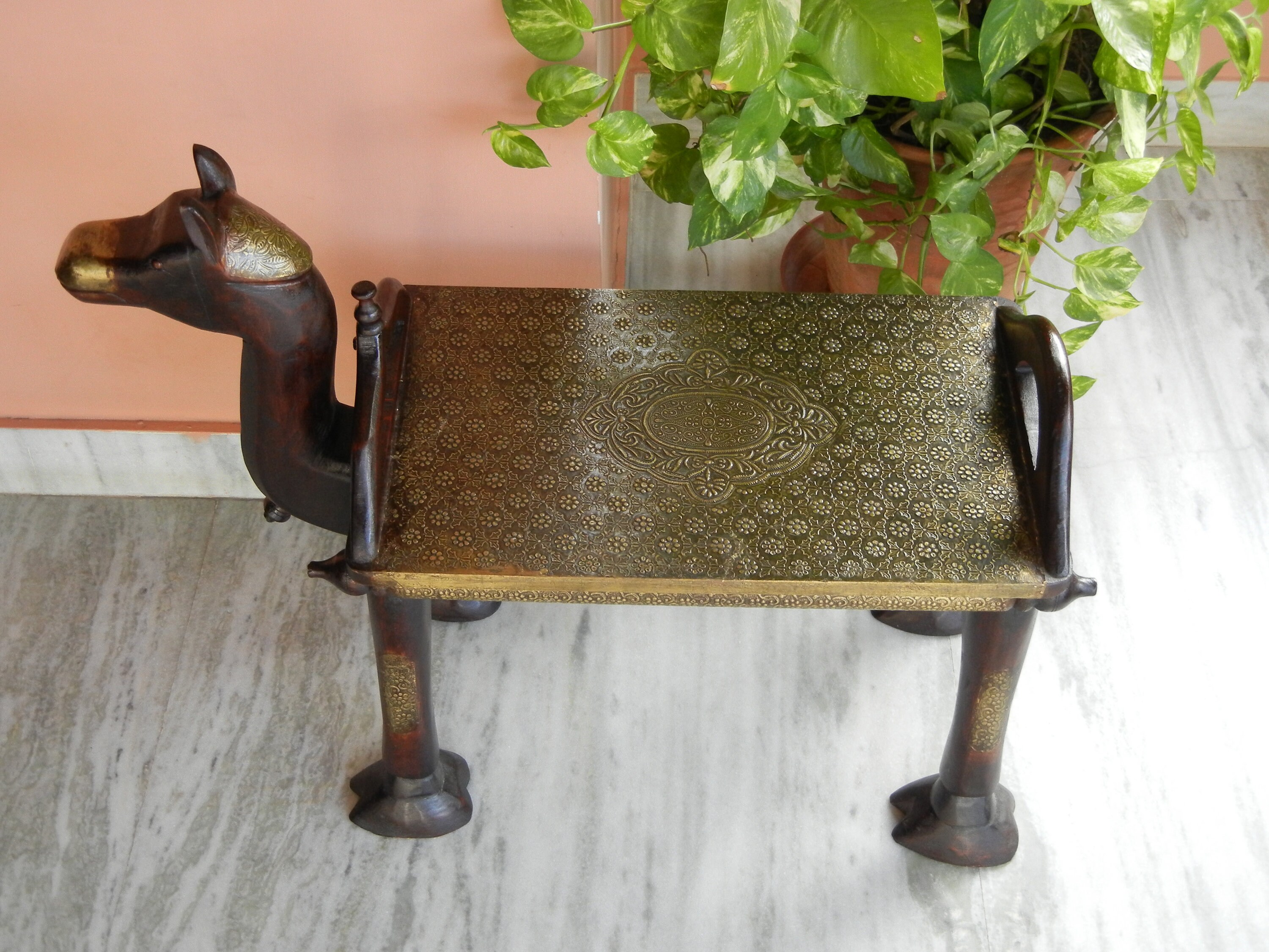 Wooden & Brass Camel Bench, Pouffe, Ottoman, Low Seat, Stool, Footstool ...