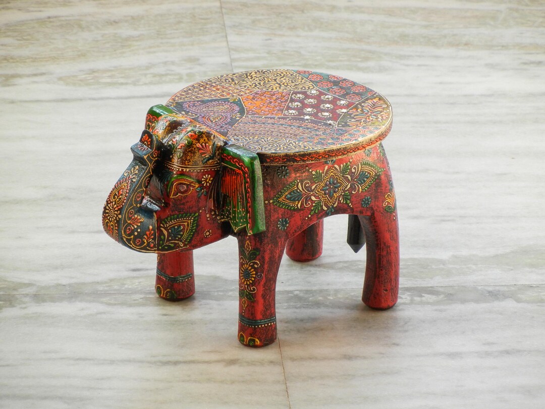Wooden Elephant Stool Painted Footstool Ottoman Pouffe Kids Chair Mini ...