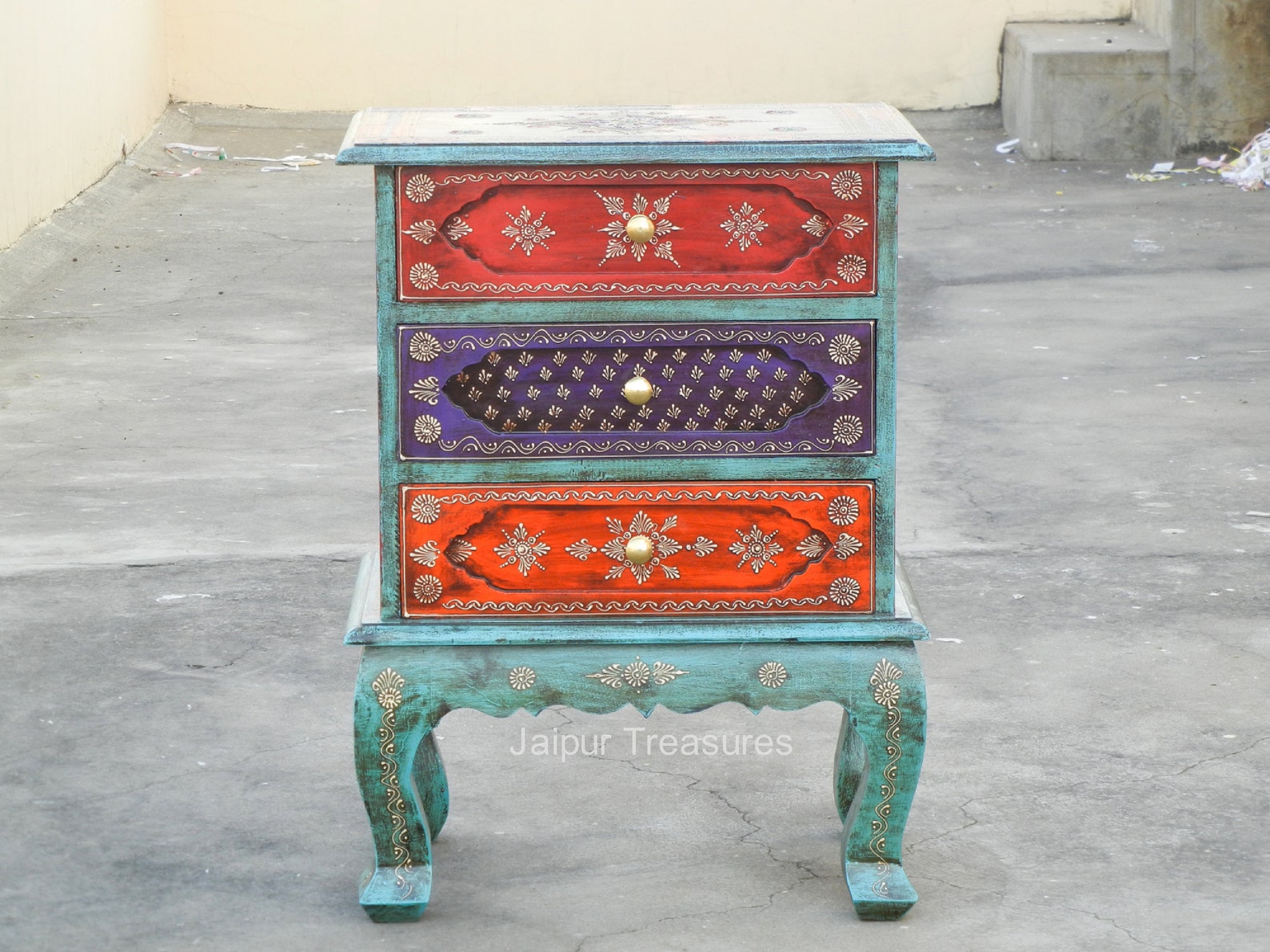 Wooden Indian Bedside Table With 3 Drawers Nightstand Side | Etsy